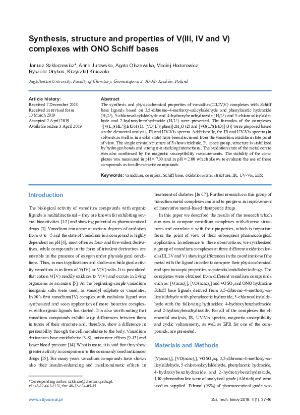 (PDF) Synthesis, structure and properties of V(III,IV and V) complexes with ONO Schiff bases