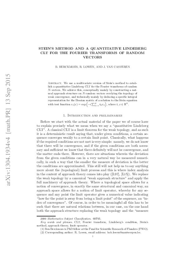 (PDF) Stein's method and a quantitative Lindeberg CLT for the Fourier transforms of random vectors