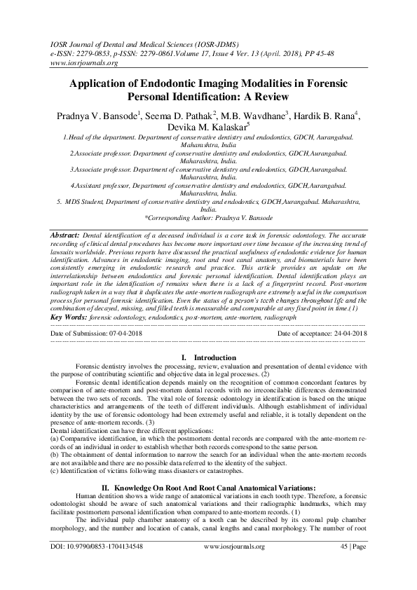 (PDF) Application of Endodontic Imaging Modalities in Forensic Personal ...