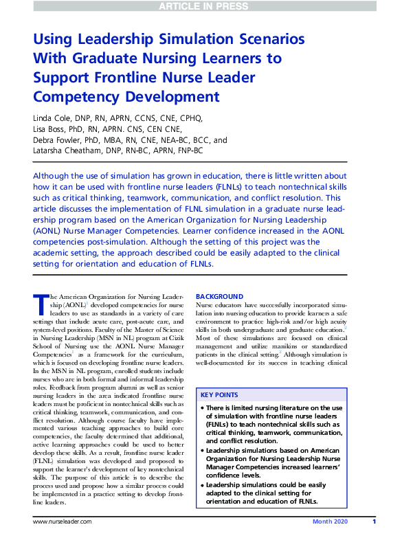 (PDF) Using Leadership Simulation Scenarios With Graduate Nursing Learners to Support Frontline ...