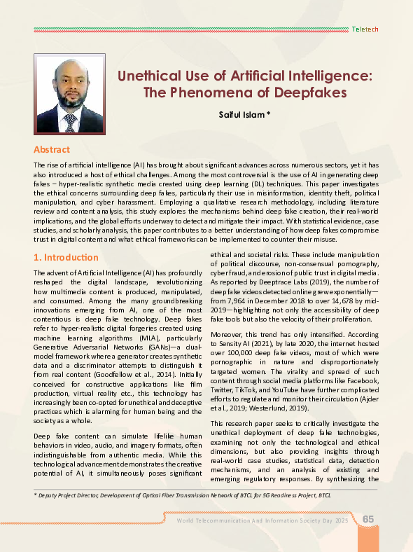 (PDF) Unethical Use of Artificial Intelligence: The Phenomena of Deepfakes