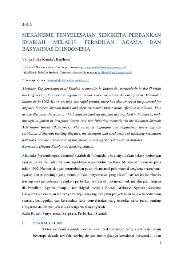 (PDF) MEKANISME PENYELESAIAN SENGKETA PERBANKAN SYARIAH MELALUI ...