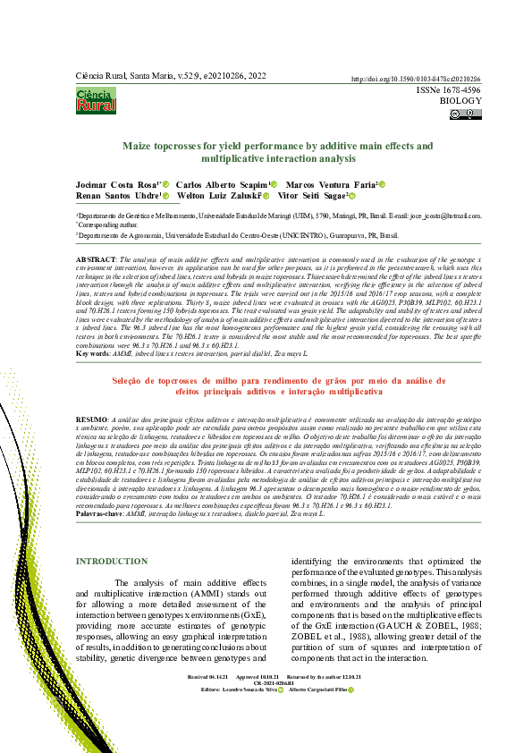 (PDF) Maize topcrosses for yield performance by additive main effects and multiplicative ...