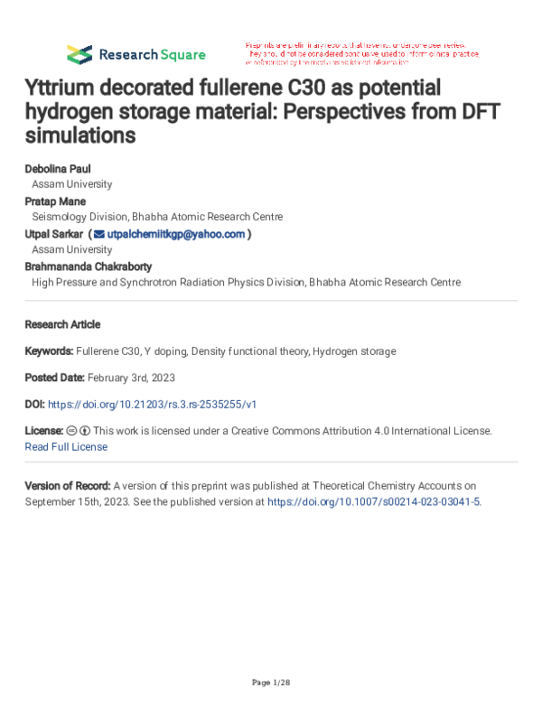 (PDF) Yttrium decorated fullerene C30 as potential hydrogen storage ...