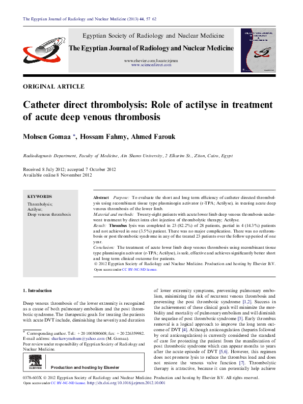 (PDF) Catheter direct thrombolysis: Role of actilyse in treatment of ...