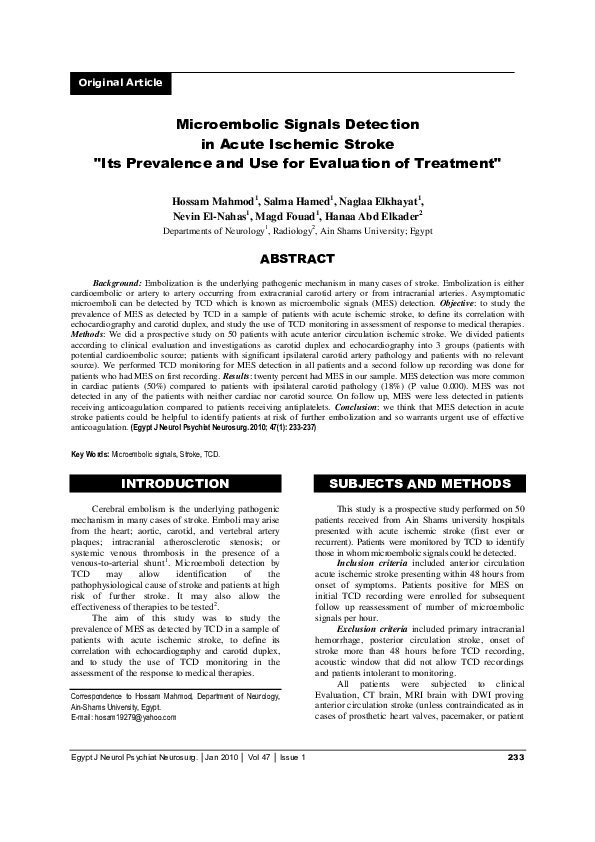 (PDF) Microembolic Signals Detection in Acute Ischemic Stroke" Its ...