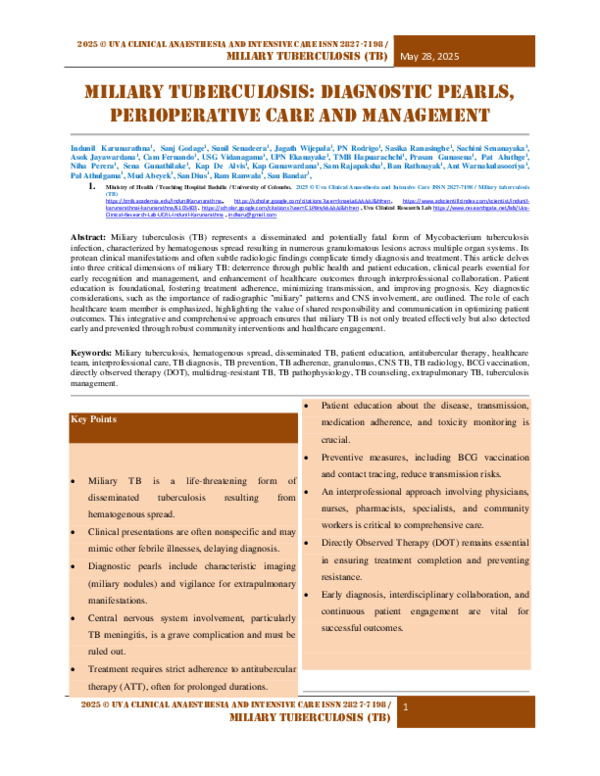 (PDF) Miliary Tuberculosis Diagnostic Pearls, Perioperative Care and ...