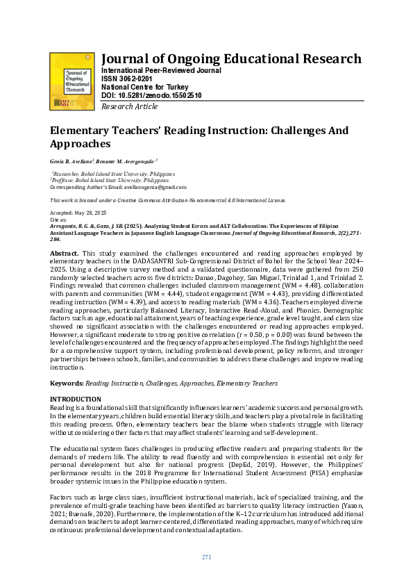 (PDF) Elementary Teachers' Reading Instruction: Challenges And Approaches