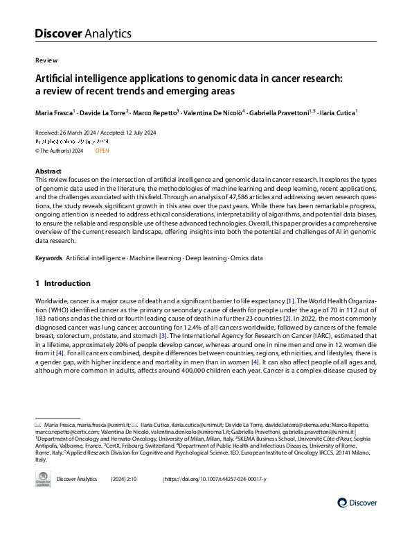 (PDF) Artificial intelligence applications to genomic data in cancer ...