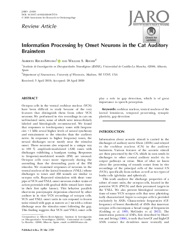 (PDF) Information Processing by Onset Neurons in the Cat Auditory Brainstem