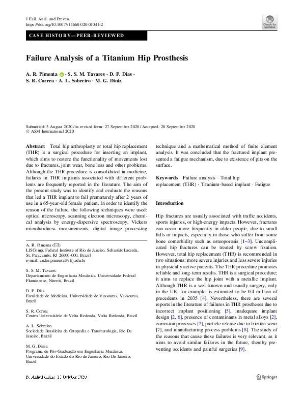 (PDF) Failure Analysis of a Titanium Hip Prosthesis