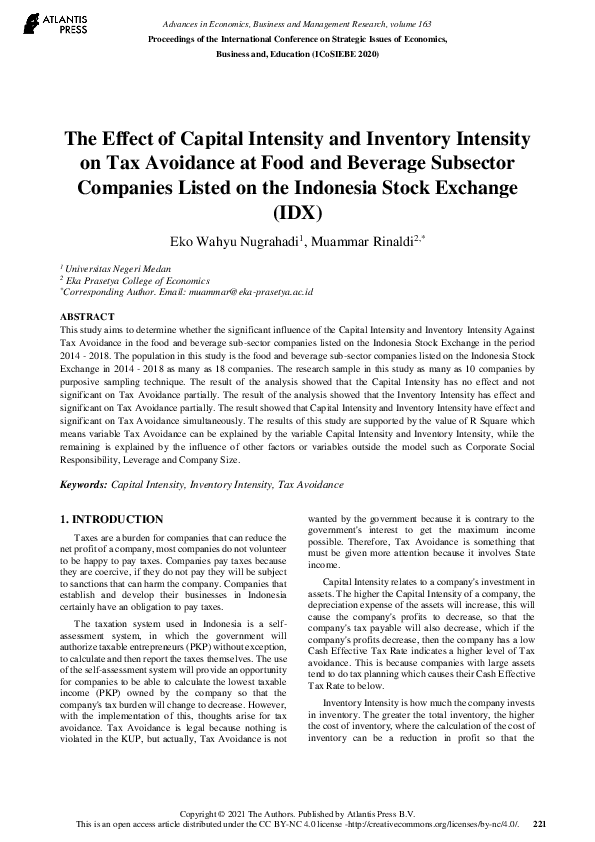 (PDF) The Effect of Capital Intensity and Inventory Intensity on Tax Avoidance at Food and ...