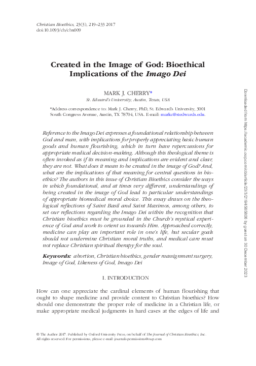 (PDF) Created in the Image of God: Bioethical Implications of the Imago Dei