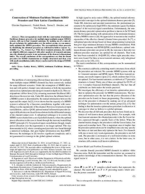 (PDF) Construction of Minimum Euclidean Distance MIMO Precoders and Their Lattice Classifications