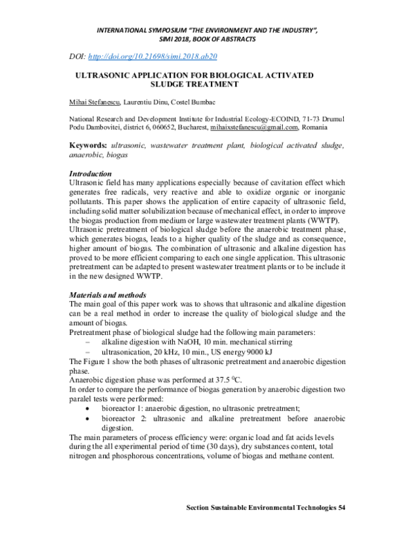 (PDF) Ultrasonic Application for Biological Activated Sludge Treatment