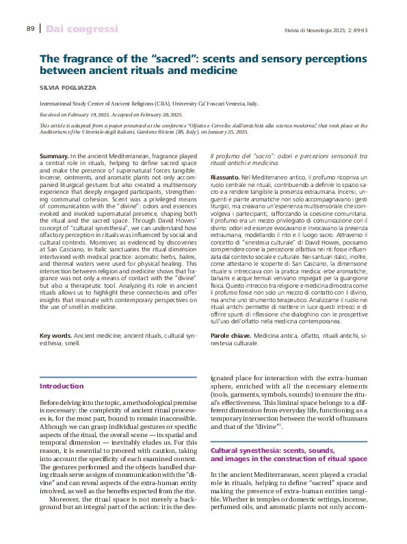 (PDF) The fragrance of the "sacred": scents and sensory perceptions between ancient rituals and ...