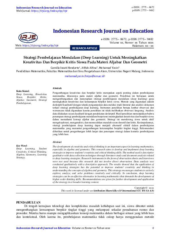 (PDF) Strategi Pembelajaran Mendalam (Deep Learning) Untuk Meningkatkan Kreativitas Dan Berpikir ...