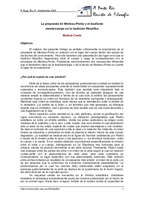 (PDF) La propuesta de Merleau-Ponty y el dualismo mente/cuerpo en la tradición filosófica