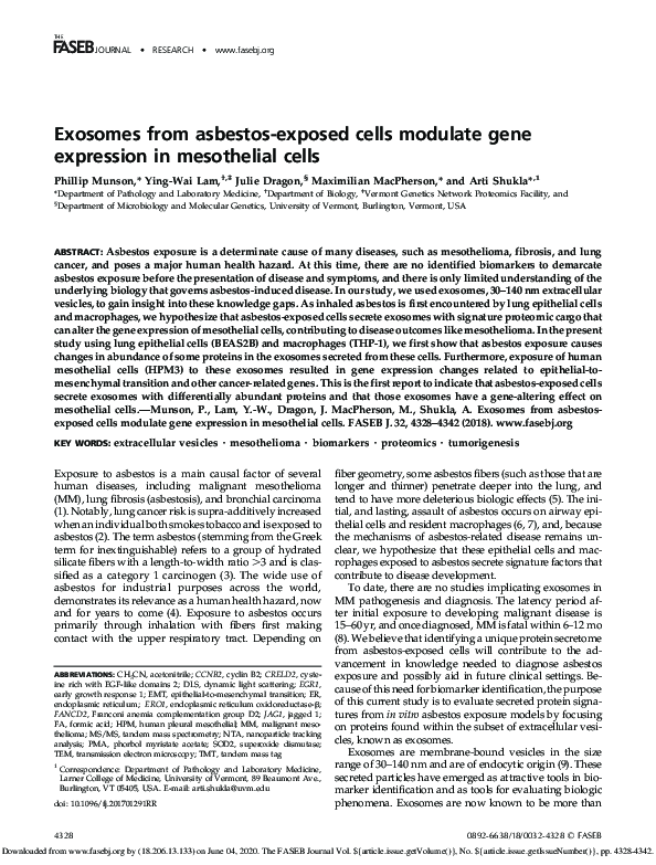 (PDF) Exosomes from asbestos‐exposed cells modulate gene expression in ...