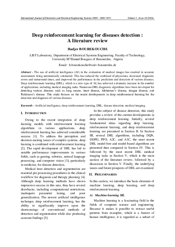 (PDF) Deep reinforcement learning for diseases detection : A literature review