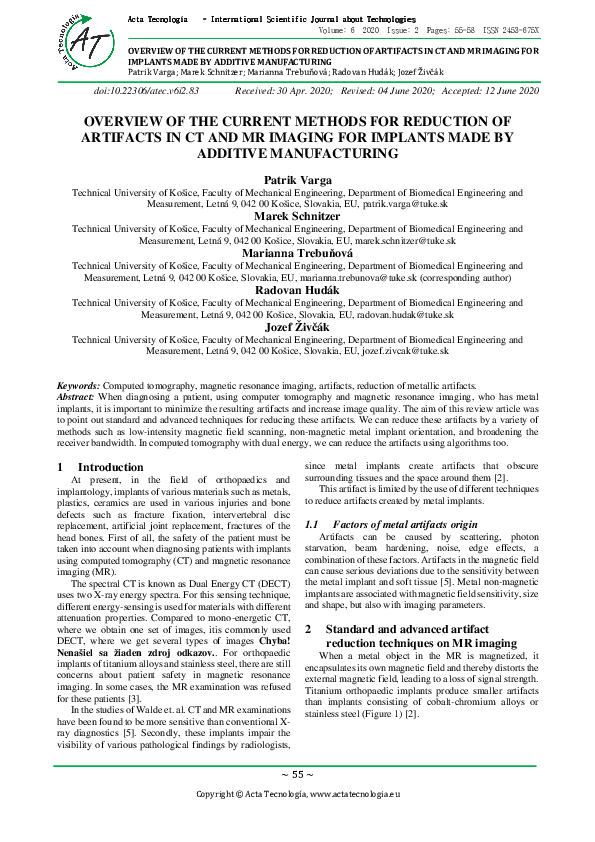 (PDF) Overview of the Current Methods for Reduction of Artifacts in CT and MR Imaging for ...