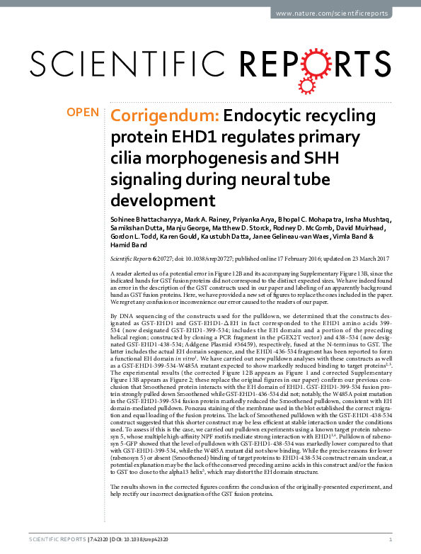 (PDF) Corrigendum: Endocytic recycling protein EHD1 regulates primary ...