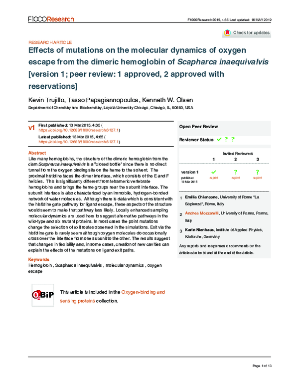 (PDF) Effects of mutations on the molecular dynamics of oxygen escape ...