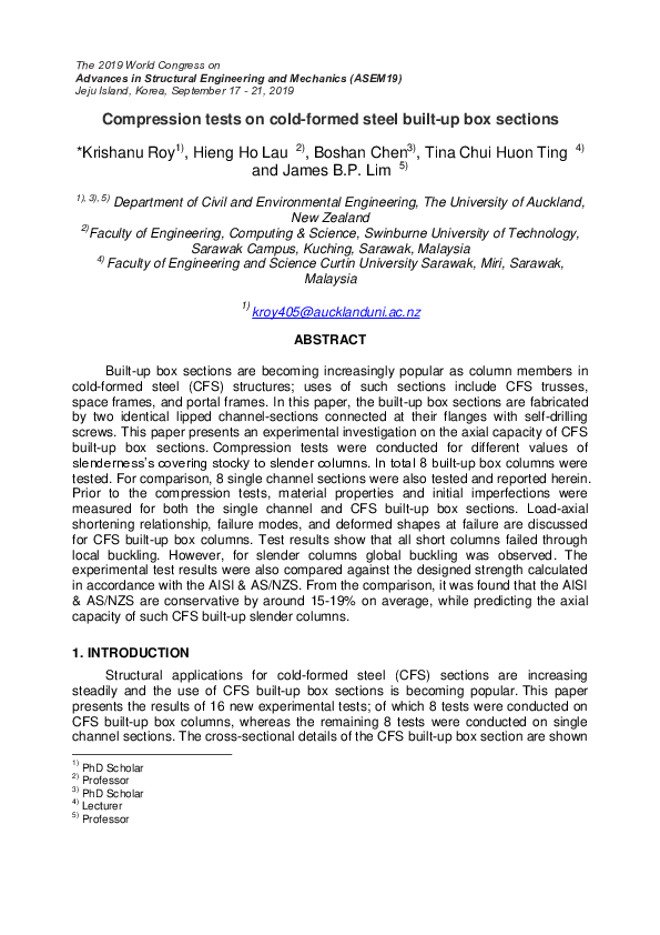 (PDF) Compression tests on cold-formed steel built-up box sections