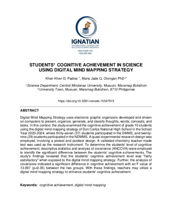(PDF) STUDENTS COGNITIVE ACHIEVEMENT IN SCIENCE USING DIGITAL MIND MAPPING STRATEGY