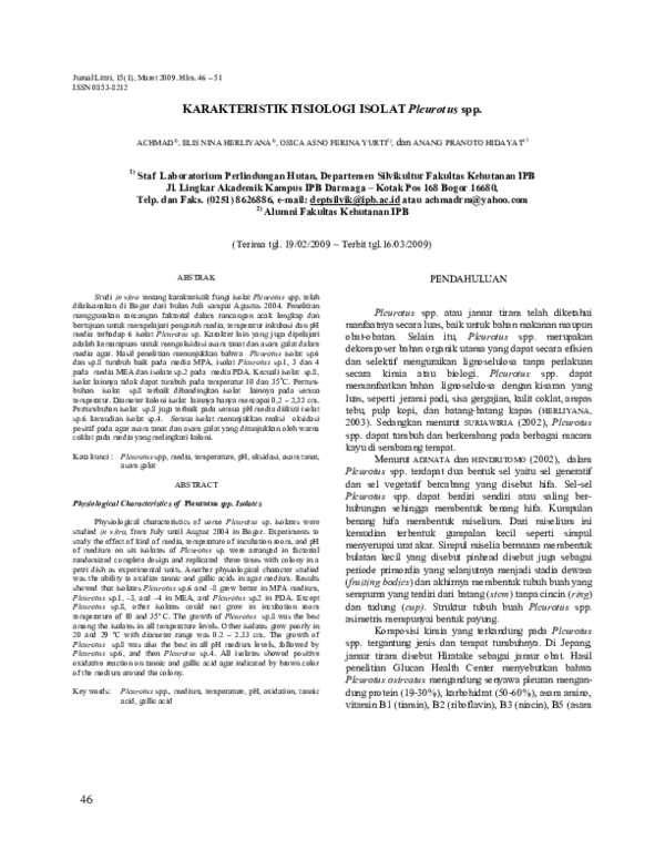 (PDF) KARAKTERISTIK FISIOLOGI ISOLAT Pleurotus spp