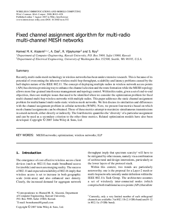 (PDF) Fixed channel assignment algorithm for multi-radio multi-channel ...
