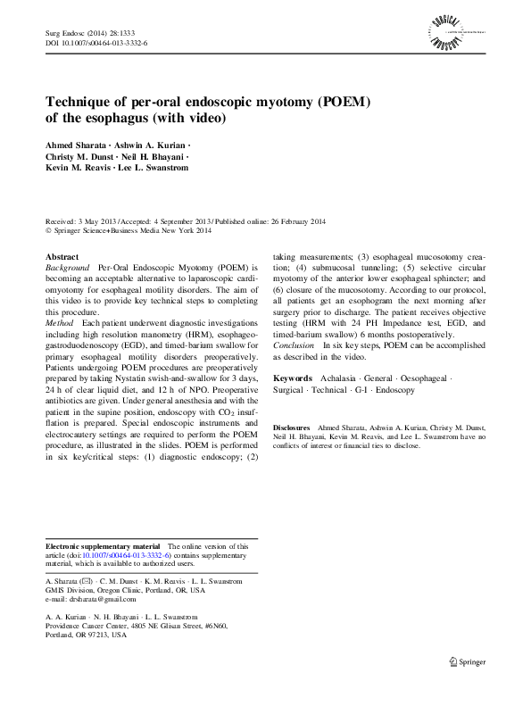 (PDF) Technique of per-oral endoscopic myotomy (POEM) of the esophagus ...