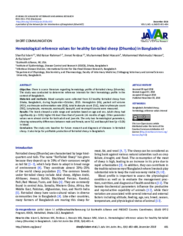 (PDF) Hematological reference values for healthy fat-tailed sheep ...
