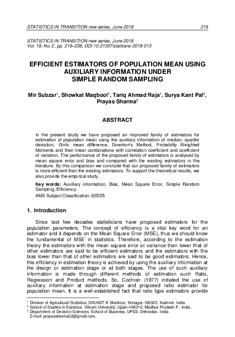 Pdf Efficient Estimators Of Population Mean Using Auxiliary Information Under Simple Random