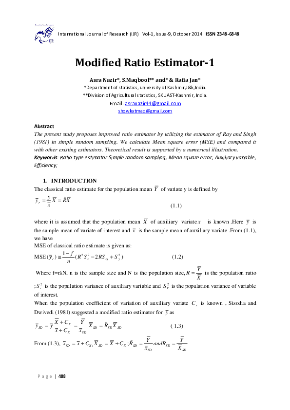 Pdf Modified Ratio Estimator 1