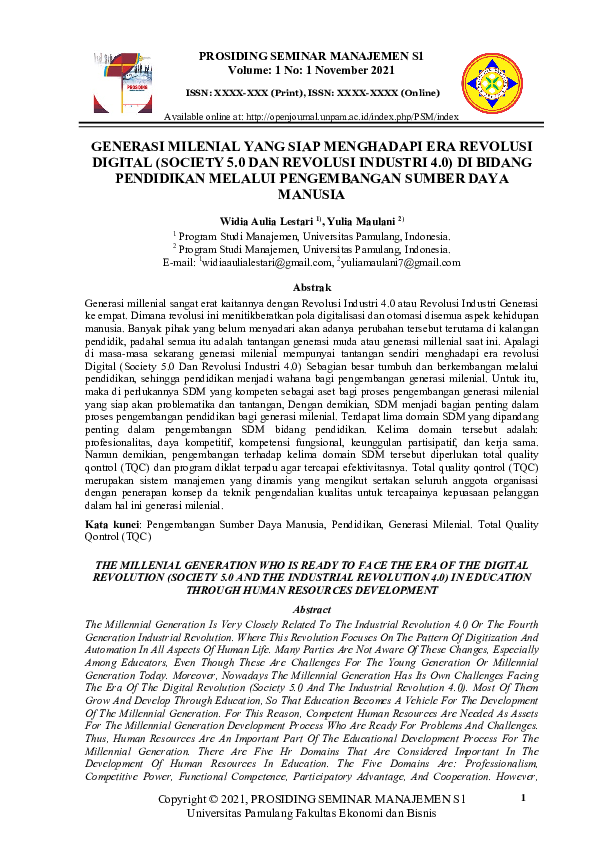 (PDF) Generasi Milenial yang Siap Menghadapi Era Revolusi Digital (Society 5.0 dan Revolusi ...