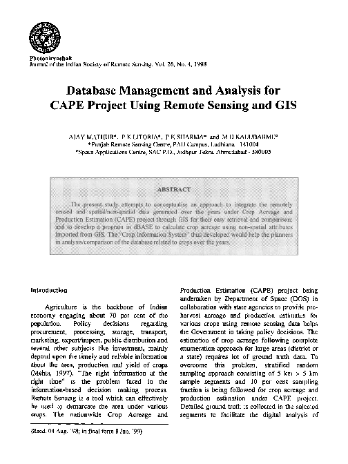 (PDF) Database management and analysis for CAPE project using remote sensing and GIS