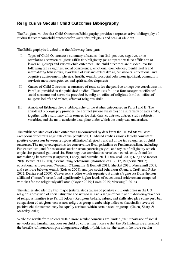 (PDF) Religious vs Secular Child Outcomes Bibliography
