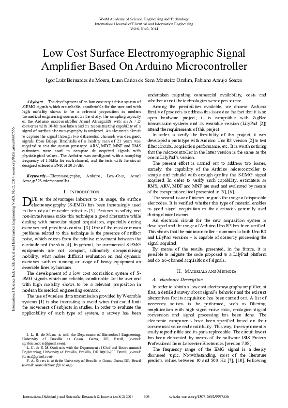(PDF) Low Cost Surface Electromyographic Signal Amplifier Based On Arduino Microcontroller