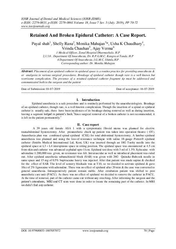(PDF) Retained And Broken Epidural Catheter: A Case Report