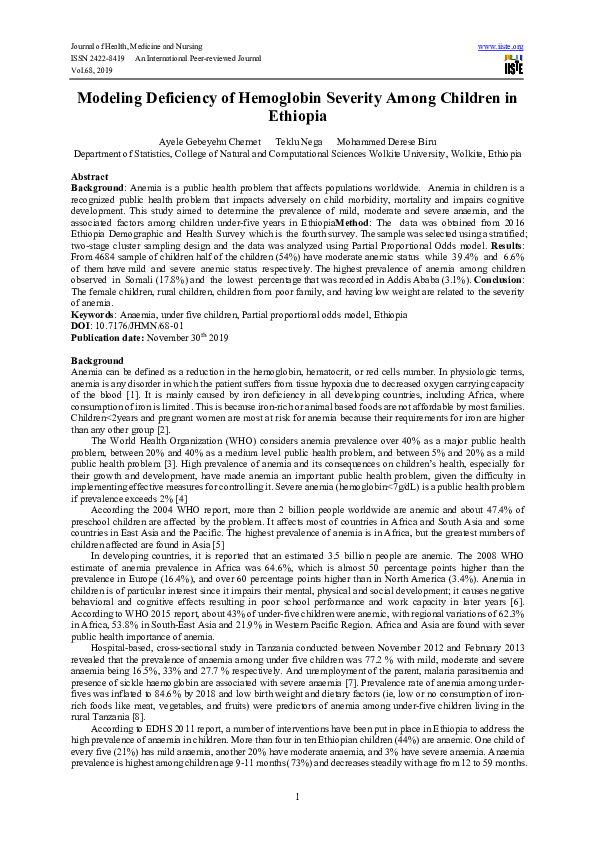 (PDF) Modeling Deficiency of Hemoglobin Severity Among Children in Ethiopia