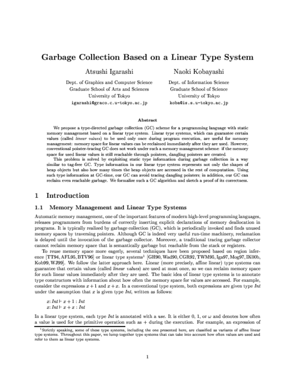 (PDF) Garbage collection based on a linear type system