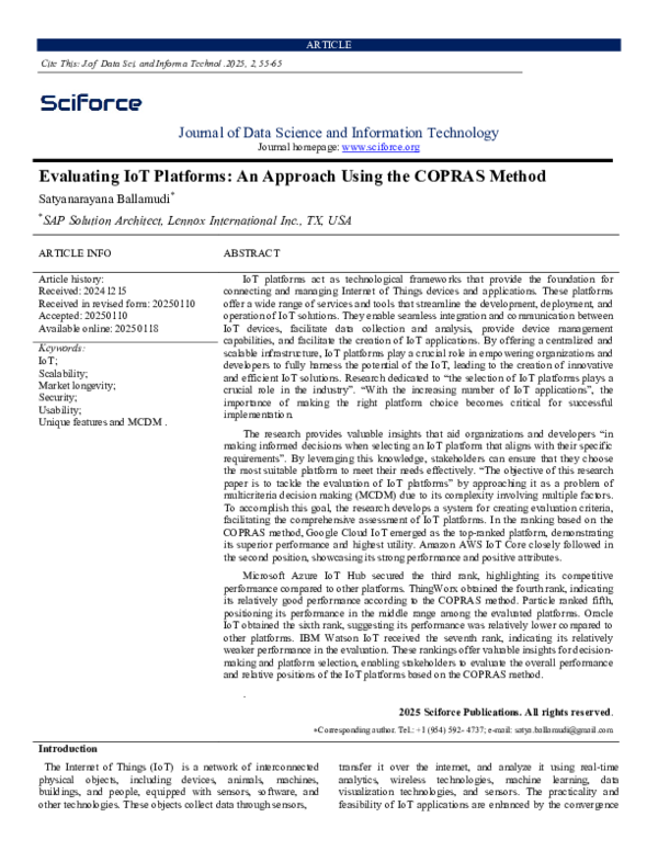 (PDF) Evaluating IoT Platforms: An Approach Using the COPRAS Method