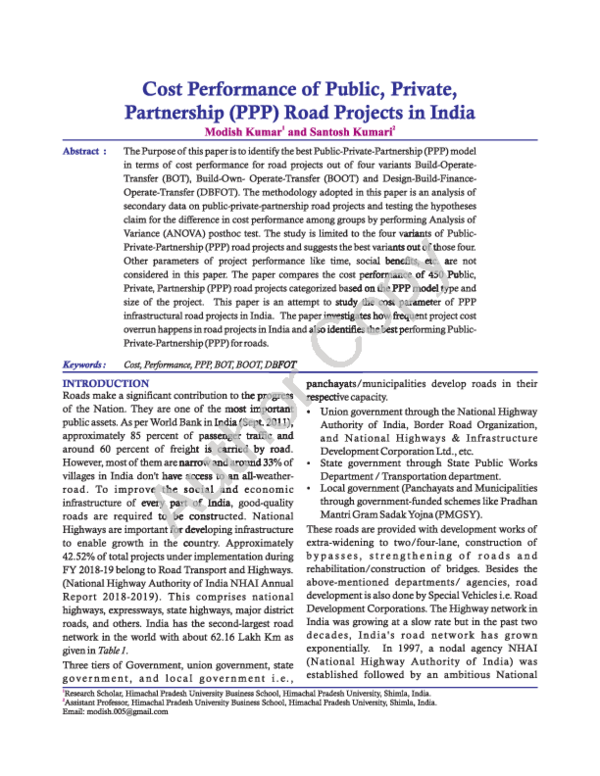 (PDF) Cost Performance of Public, Private, Partnership (PPP) Road ...