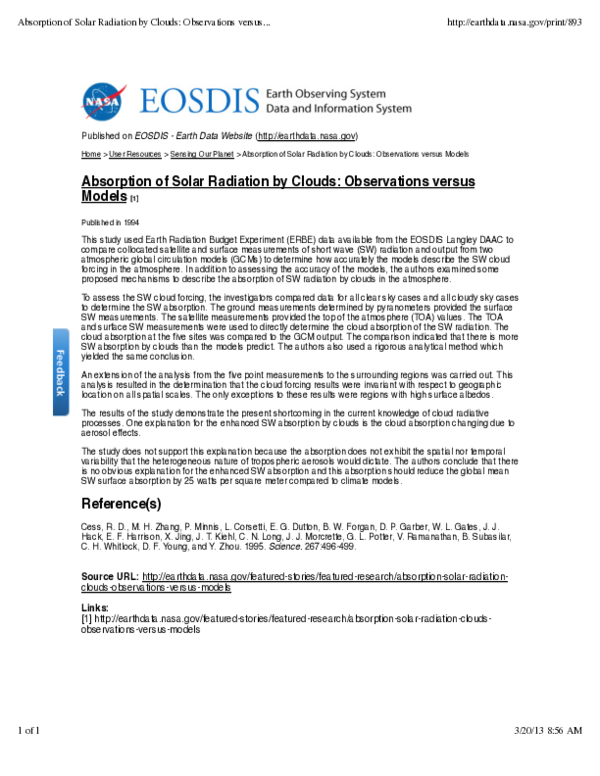 (PDF) Absorption of Solar Radiation by Clouds: Observations Versus Models