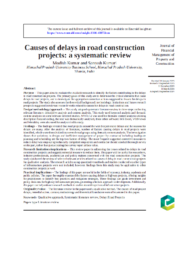 (PDF) Causes of delays in road construction projects: a systematic review