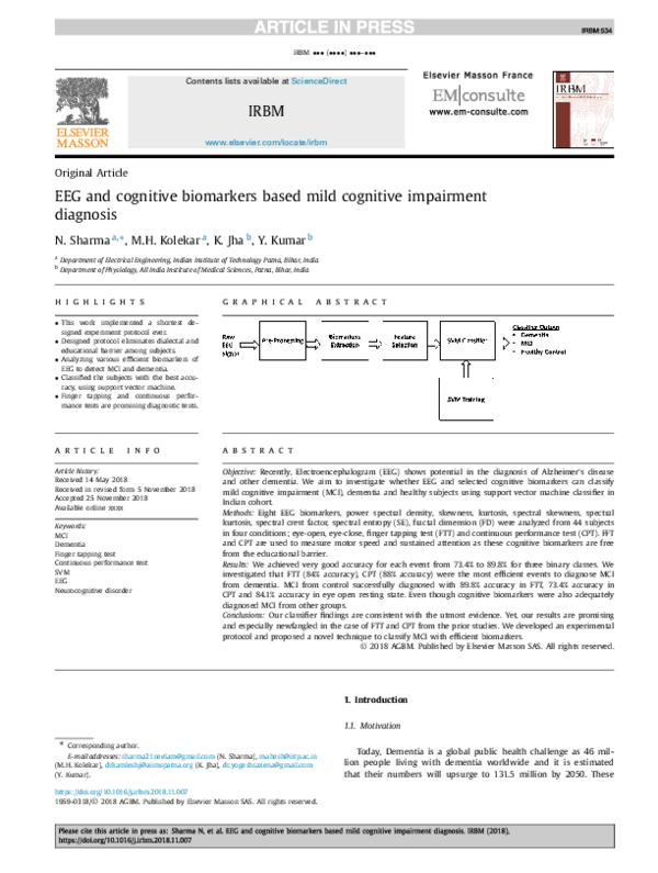 (PDF) EEG and Cognitive Biomarkers Based Mild Cognitive Impairment Diagnosis