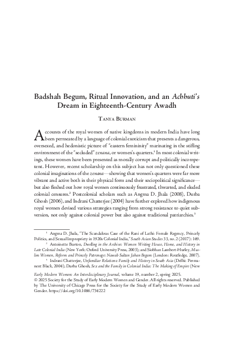 (PDF) Badshah Begum, Ritual Innovation, and an Achhuti’s Dream in Eighteenth-Century Awadh