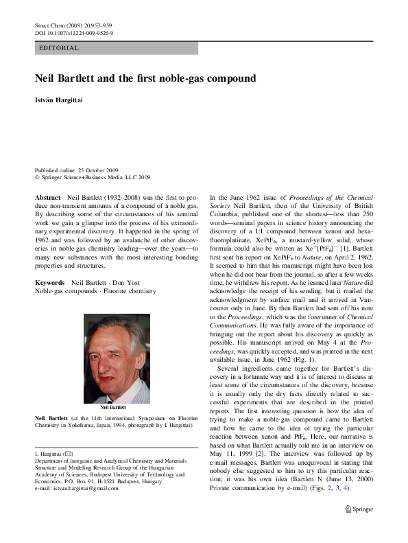 (PDF) Neil Bartlett and the first noble-gas compound