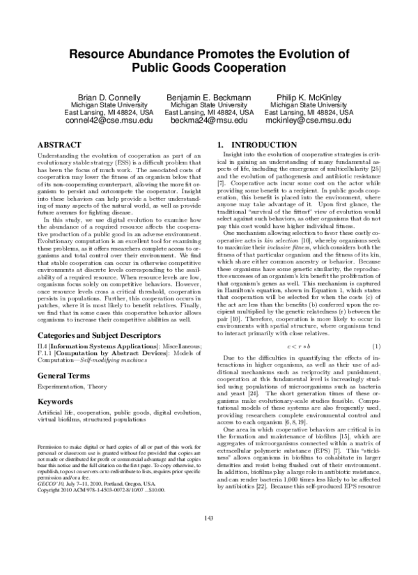 (PDF) Resource abundance promotes the evolution of public goods cooperation
